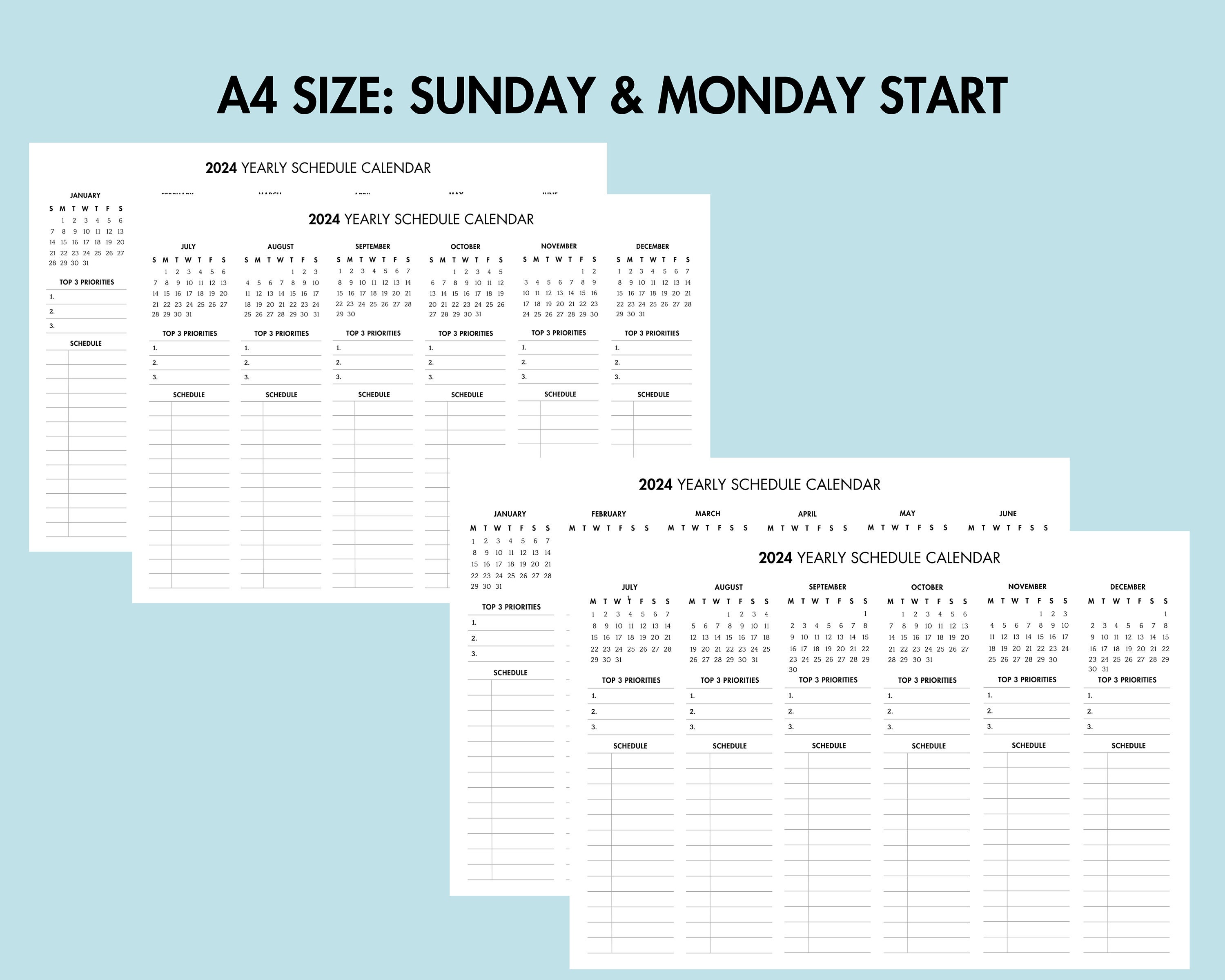 2024 Yearly Schedule Calendar Printable Yearly Planner 2024, Year at A ...