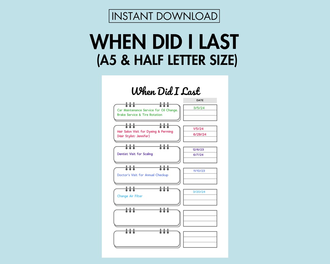 Recurring Task Log Printable Task Reminder PDF When Did I Last ...