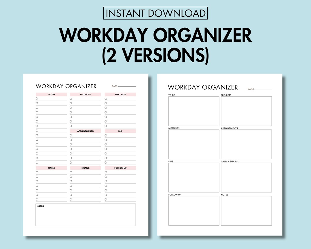 Workday Organizer PDF Printable Daily Workday Planner Work to Do List ...