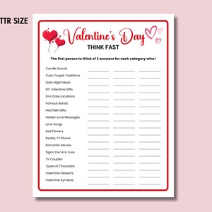 Valentine Think Fast Game Printable Valentine Day Party Game Instant ...