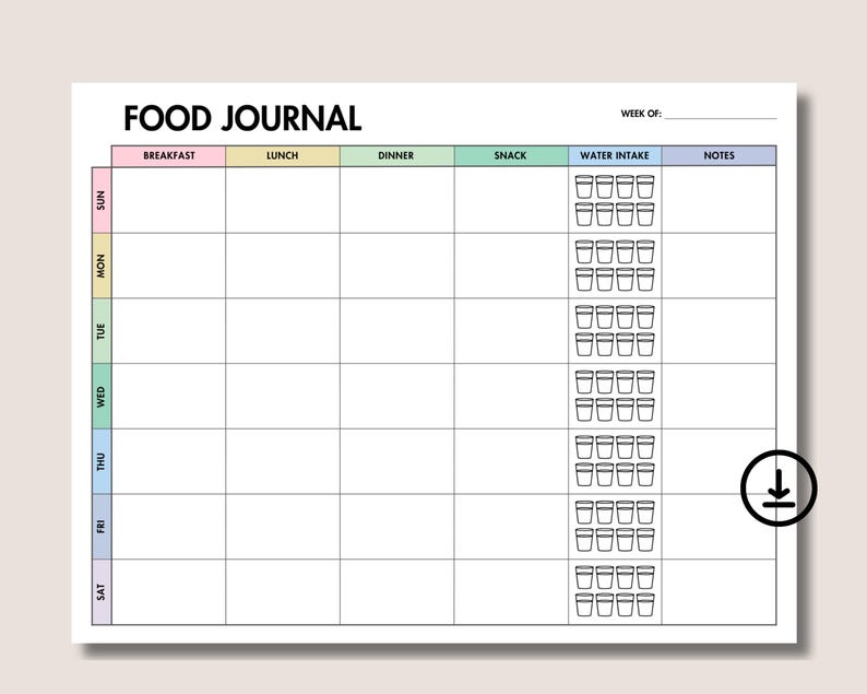 Weekly Food Journal Printable Weekly Food Diary, Meal Prep Planner With ...
