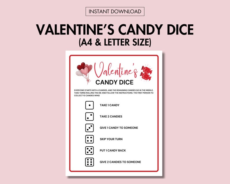 Valentine Candy Dice Game Printable Valentine Party Game Instant ...