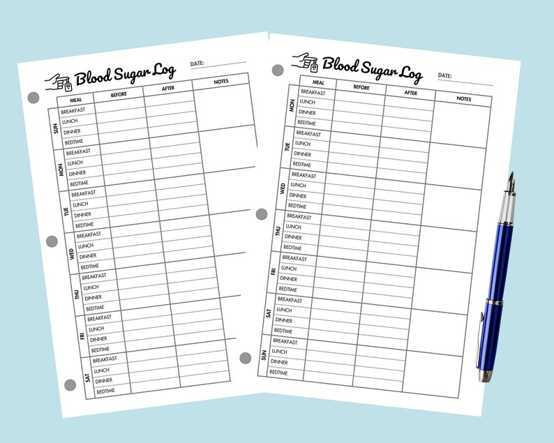 Blood Sugar Log Printable Weekly Diabetes Tracker, Blood Sugar Journal ...