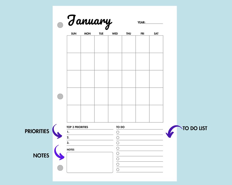 Monthly Calendar Undated Printable Monthly Schedule Planner PDF, 12 ...