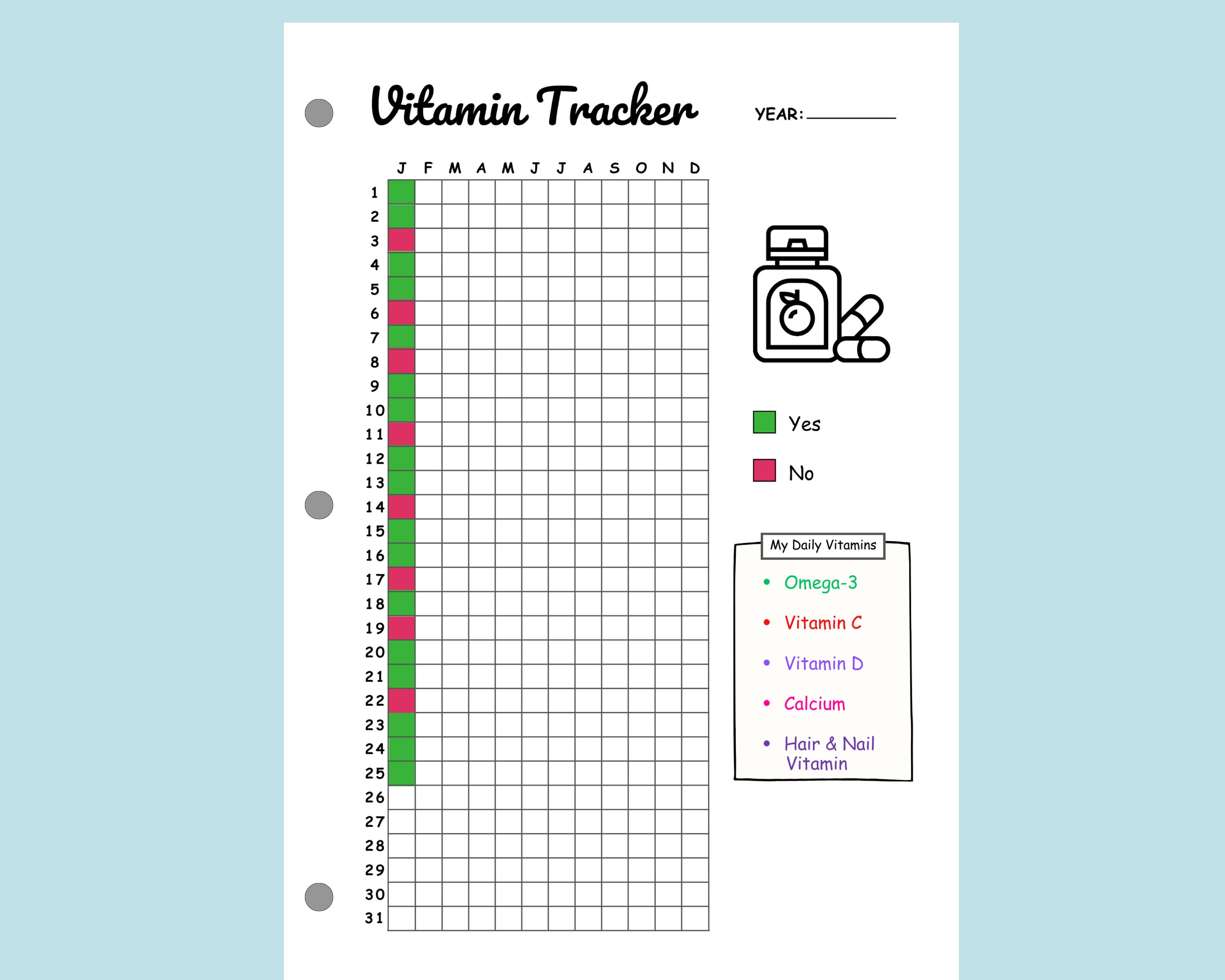 Vitamin Tracker Printable, Yearly Vitamin Log, Yearly Pill Tracker ...