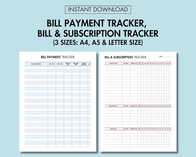 Bill Payment Tracker Printable Monthly Quarterly Yearly Bill and ...