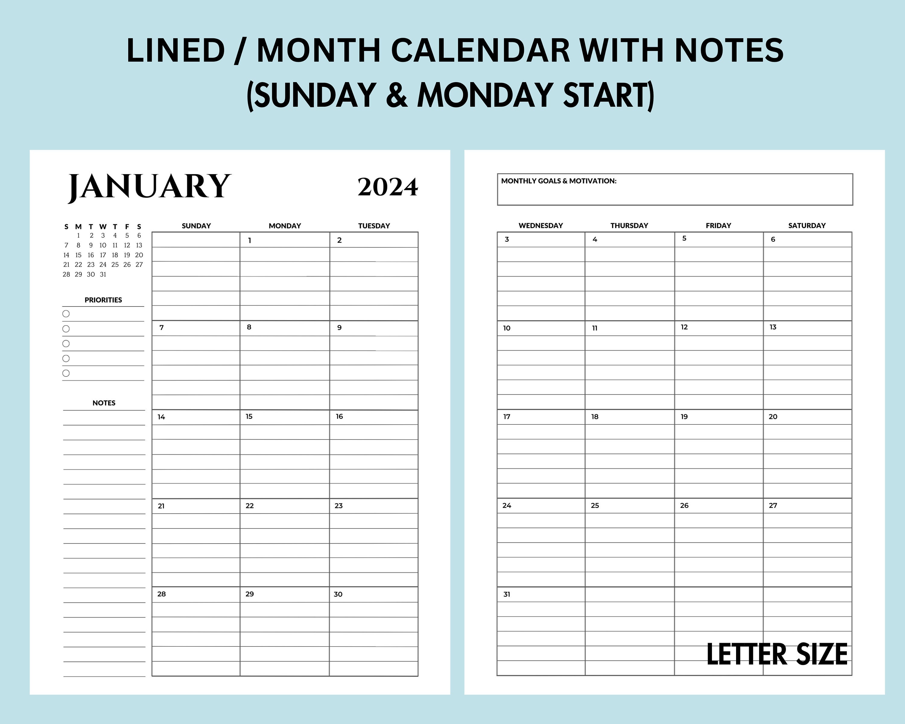 2024 Monthly Calendar Printable, Monthly Calendar on Two Pages, 2024 ...