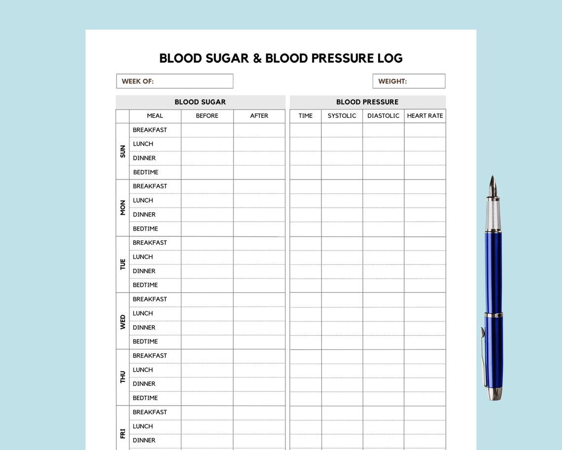 Blood Sugar Log and Blood Pressure Log Printable Blood Glucose Tracker ...