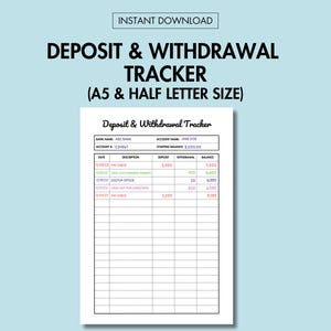 Deposit & Withdrawal Tracker Printable Bank Account Ledger PDF ...