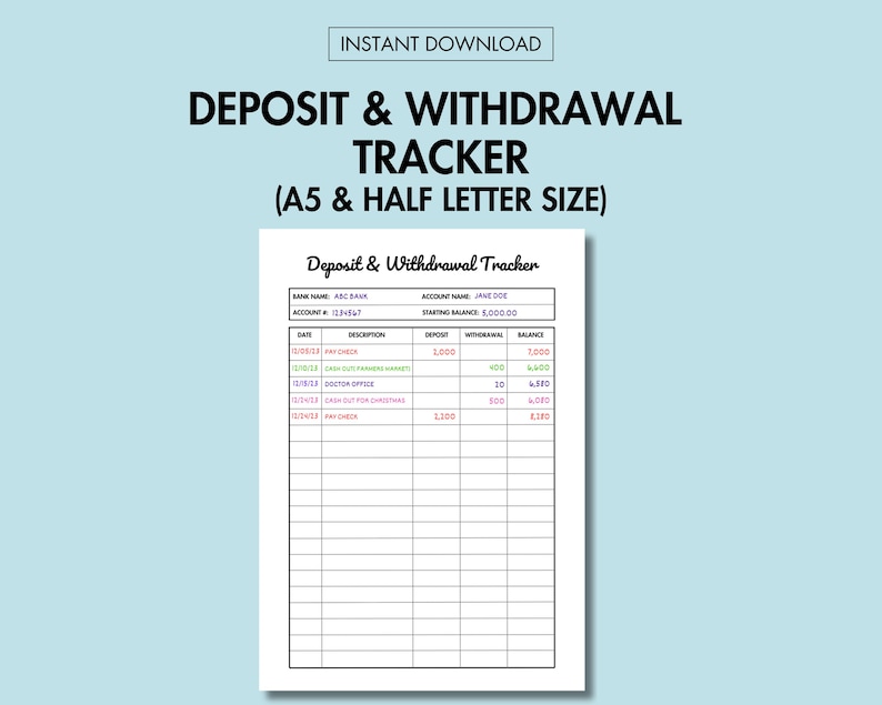 Deposit & Withdrawal Tracker Printable Bank Account Ledger PDF ...