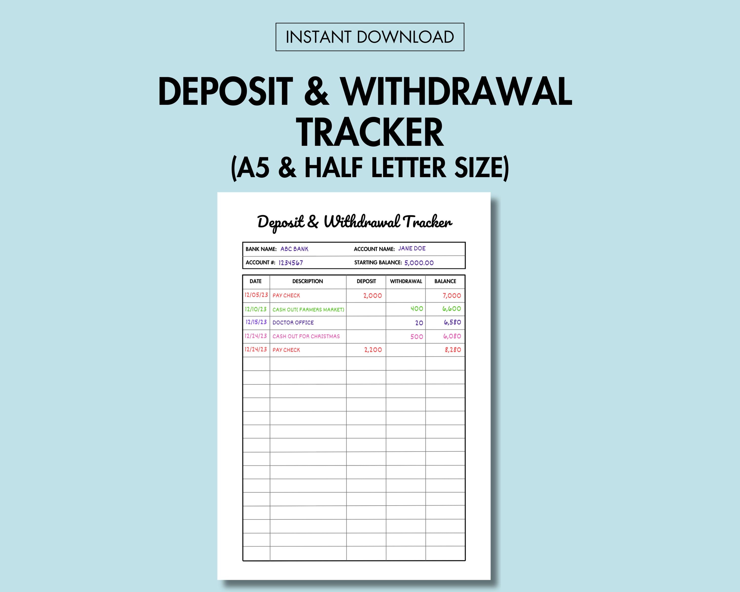 Deposit & Withdrawal Tracker Printable Bank Account Ledger PDF ...