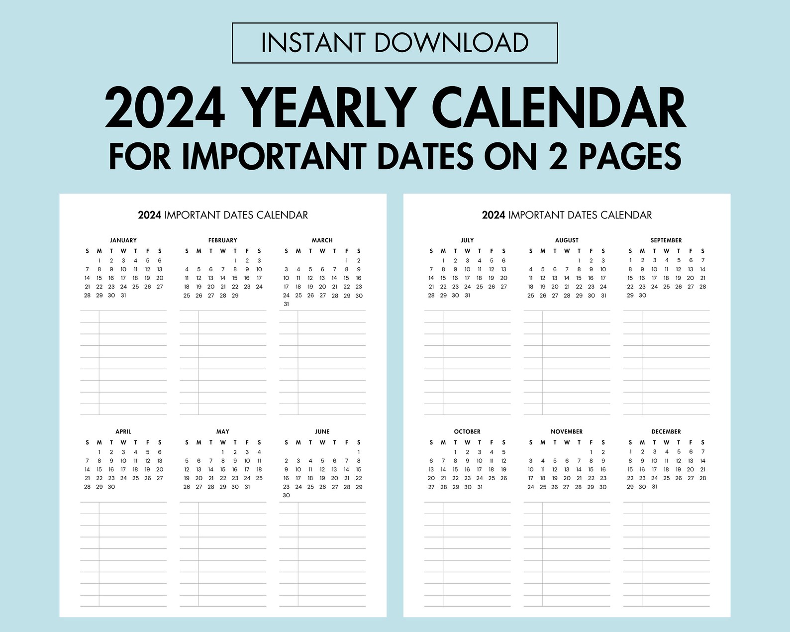 2024 Yearly Calendar for Important Dates on 2 Pages, 2024 Yearly ...