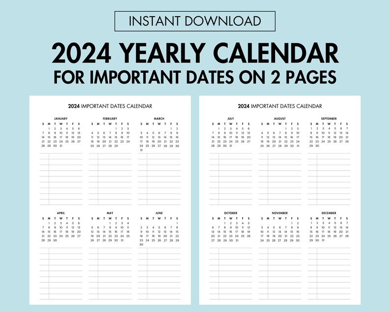 2024 Yearly Calendar for Important Dates on 2 Pages, 2024 Yearly ...