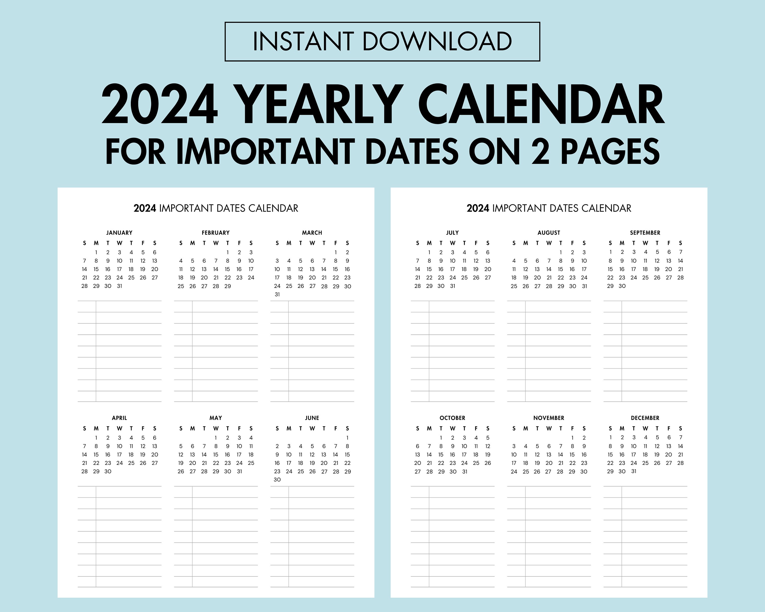 2024 Yearly Calendar for Important Dates on 2 Pages, 2024 Yearly ...