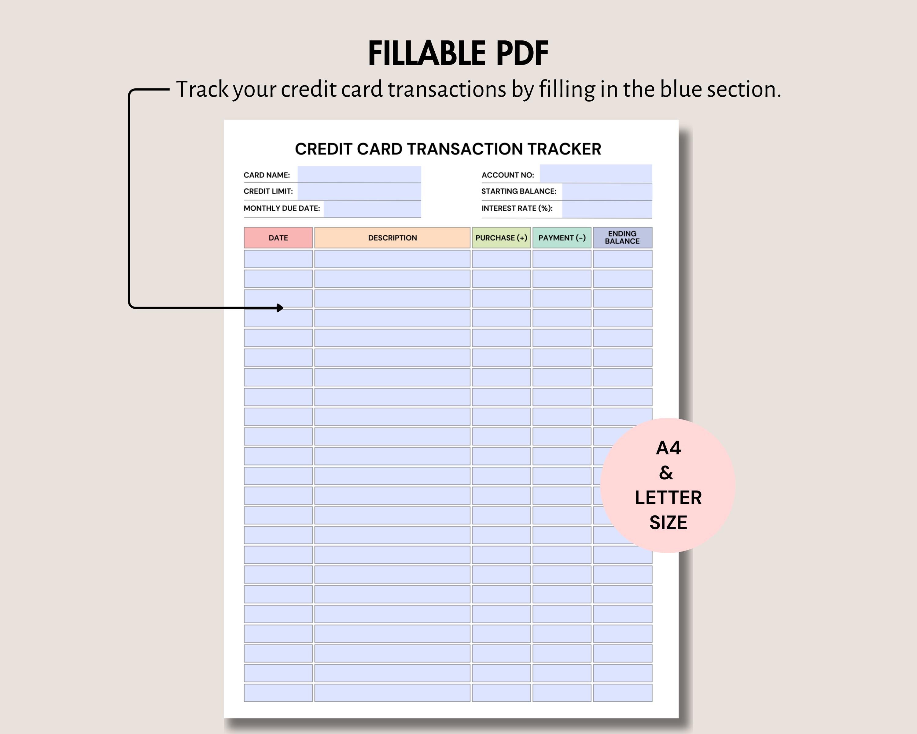 Credit Card Transaction Tracker Printable and Fillable Credit Card Debt ...