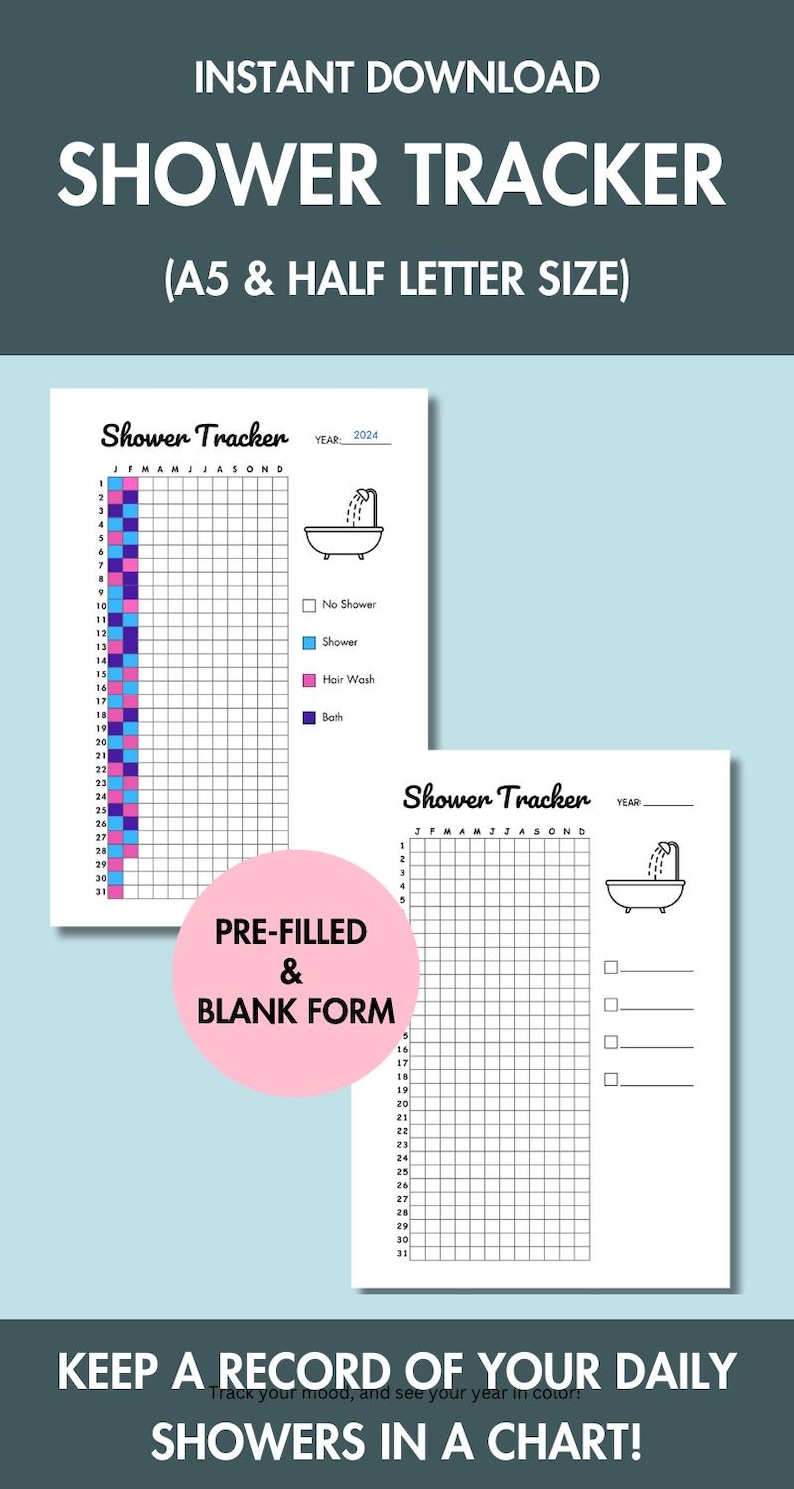 Shower Tracker Printable Hygiene Tracker PDF Hair Wash Tracker Year in ...