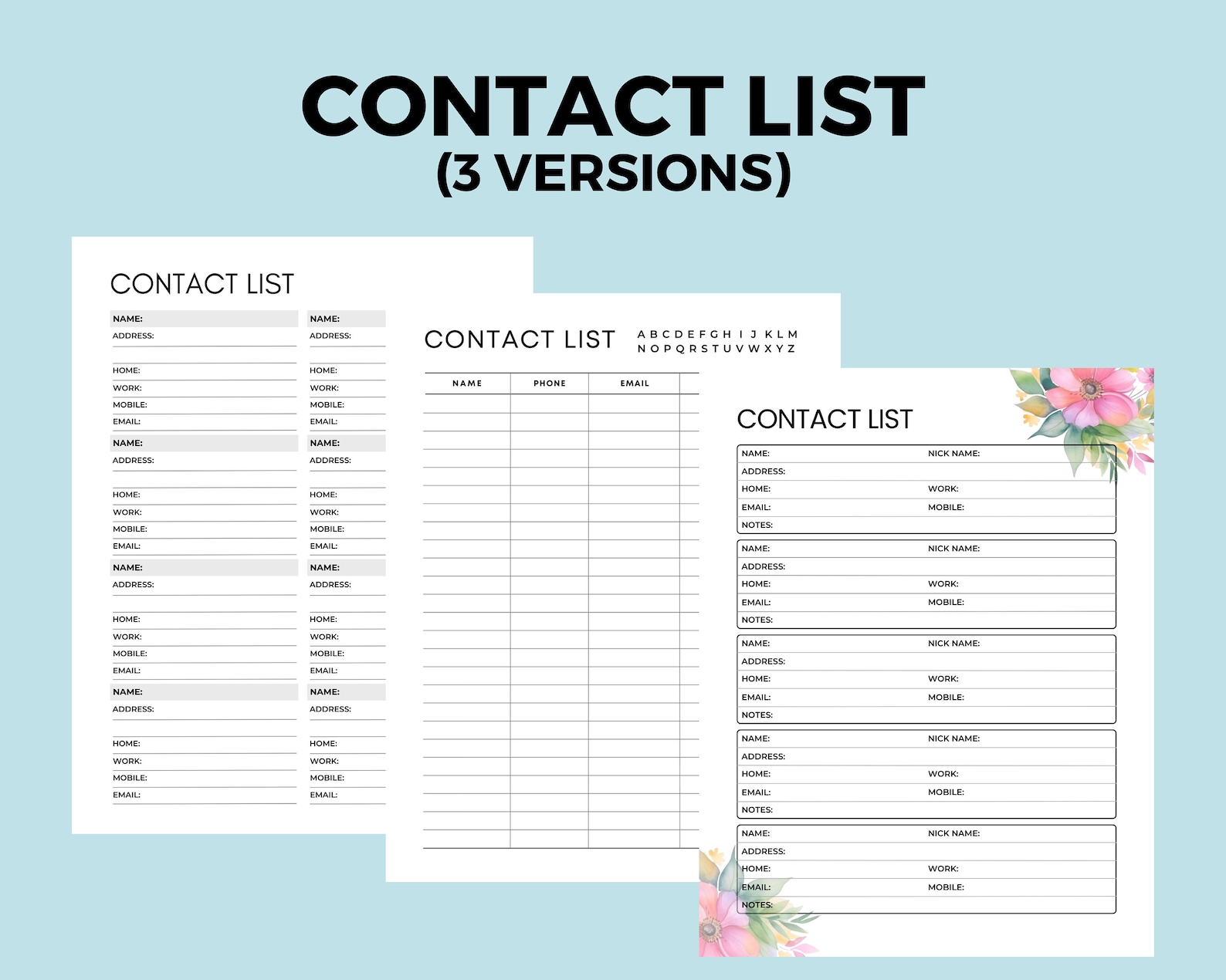 Contact List Organizer Printable Address Book Page PDF Phone Number ...