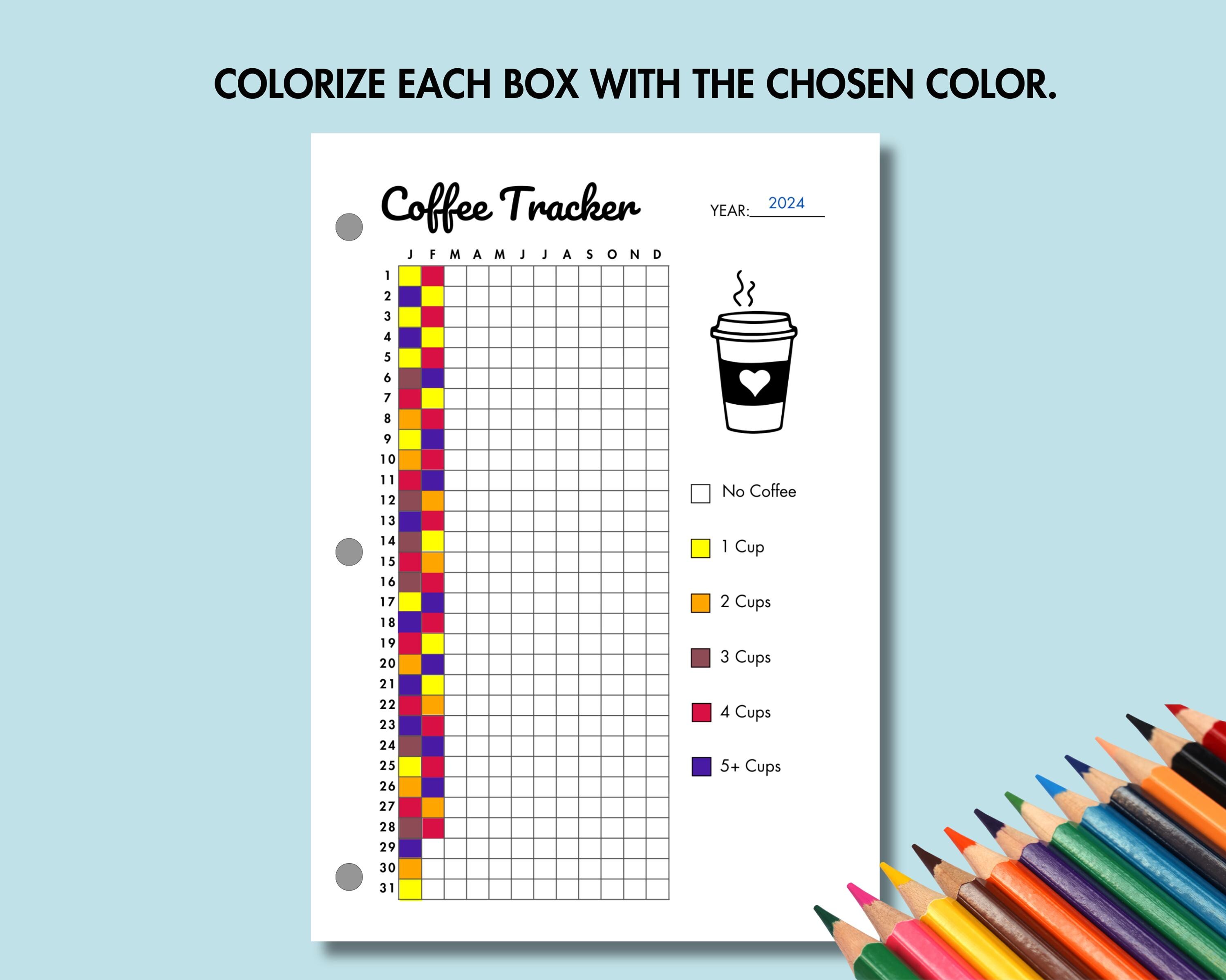Coffee Tracker Printable Caffeine Log Year in Pixel Daily Yearly Health ...