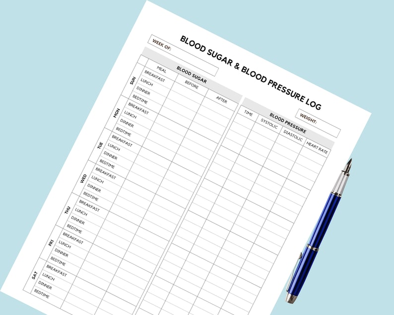 Blood Sugar Log and Blood Pressure Log Printable Blood Glucose Tracker ...
