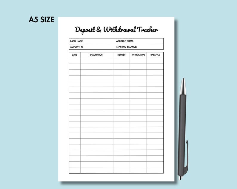 Deposit & Withdrawal Tracker Printable Bank Account Ledger PDF ...
