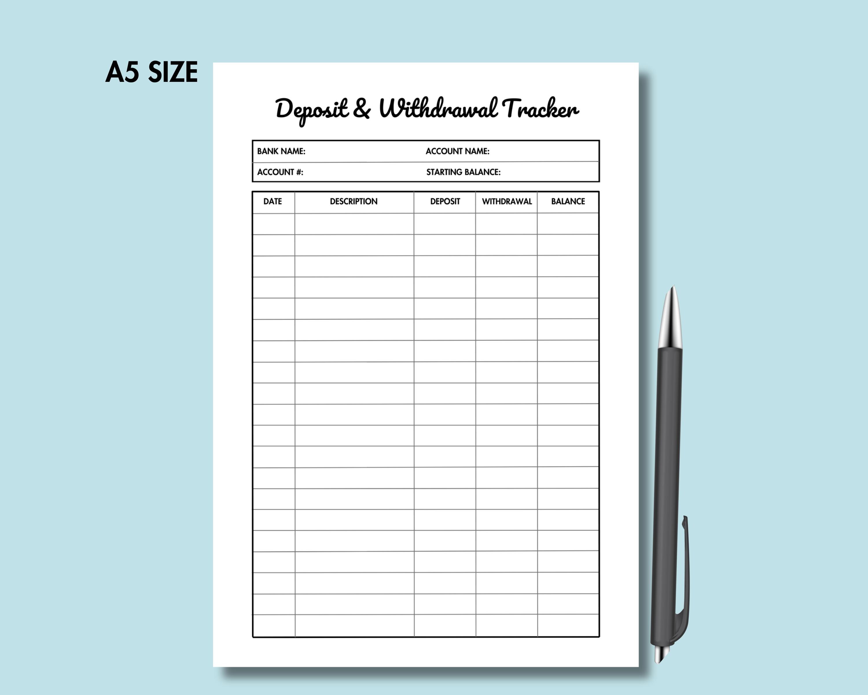 Deposit & Withdrawal Tracker Printable Bank Account Ledger PDF ...