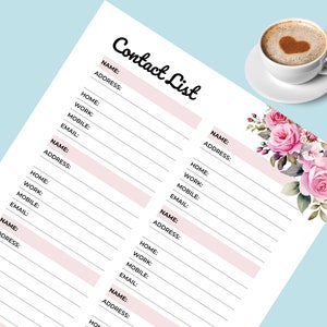 Contact List Printable Contact Organizer PDF Address Book Page, Friend ...