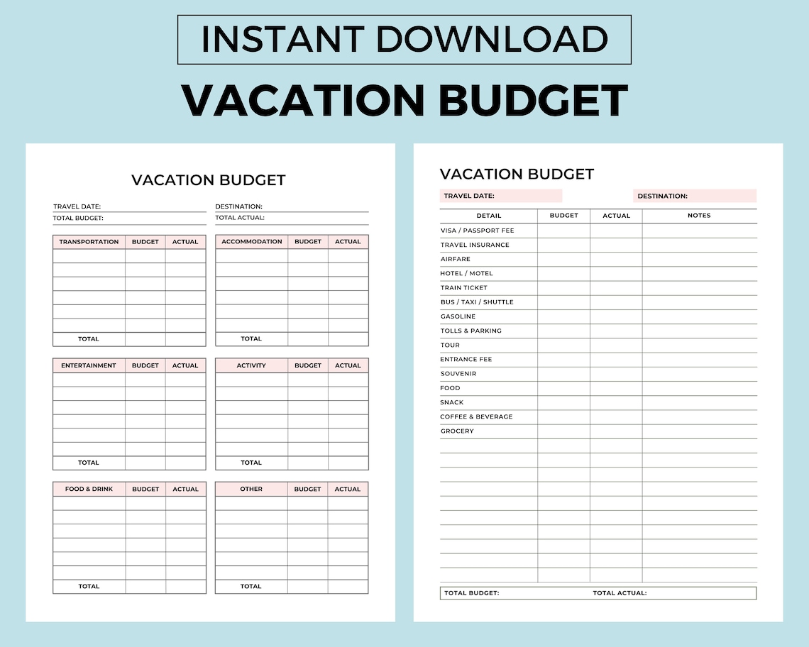 Vacation Budget Planner Printable Travel Budget Planner, Vacation ...