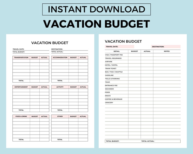 Vacation Budget Planner Printable Travel Budget Planner, Vacation ...