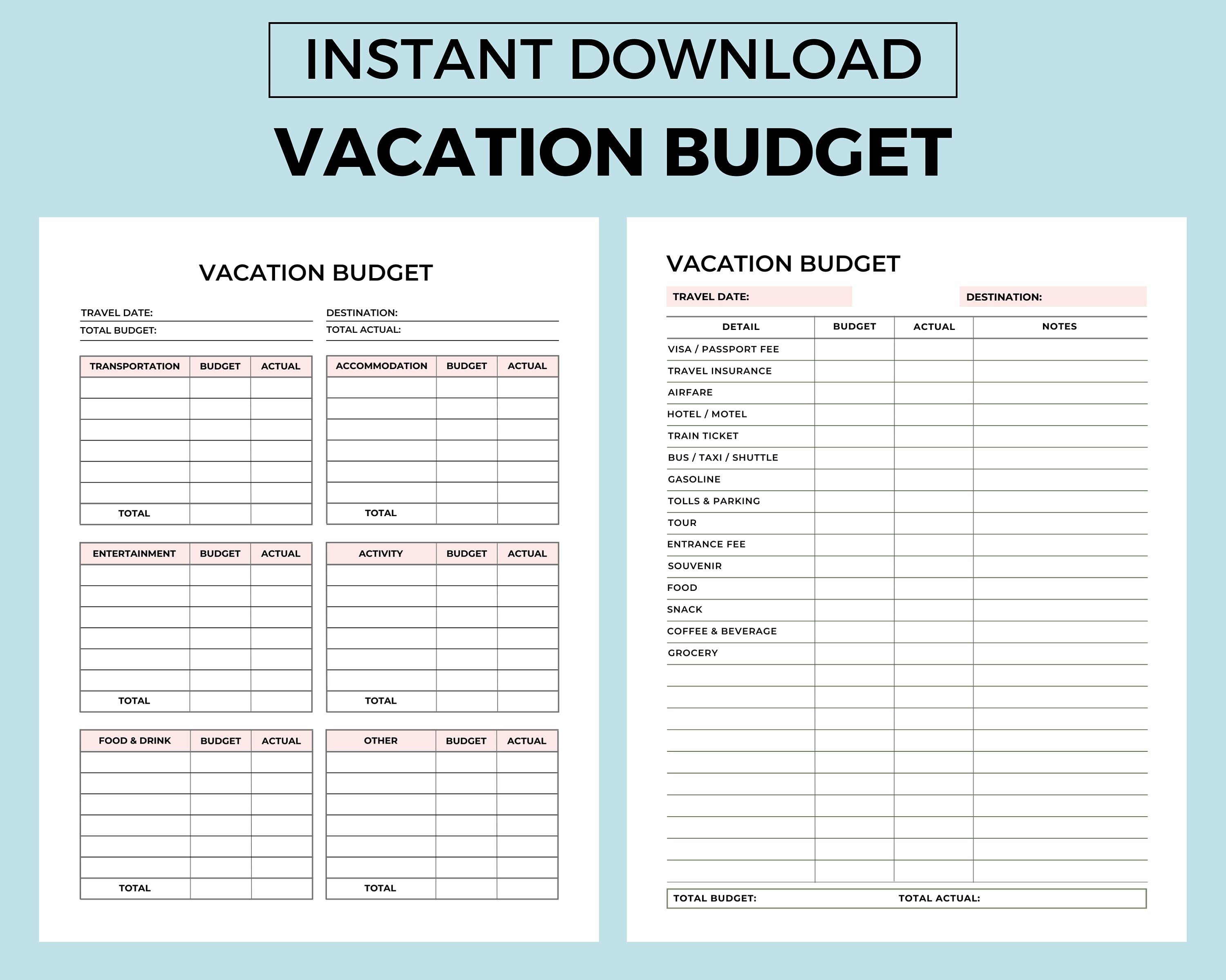 Vacation Budget Planner Printable Travel Budget Planner, Vacation ...