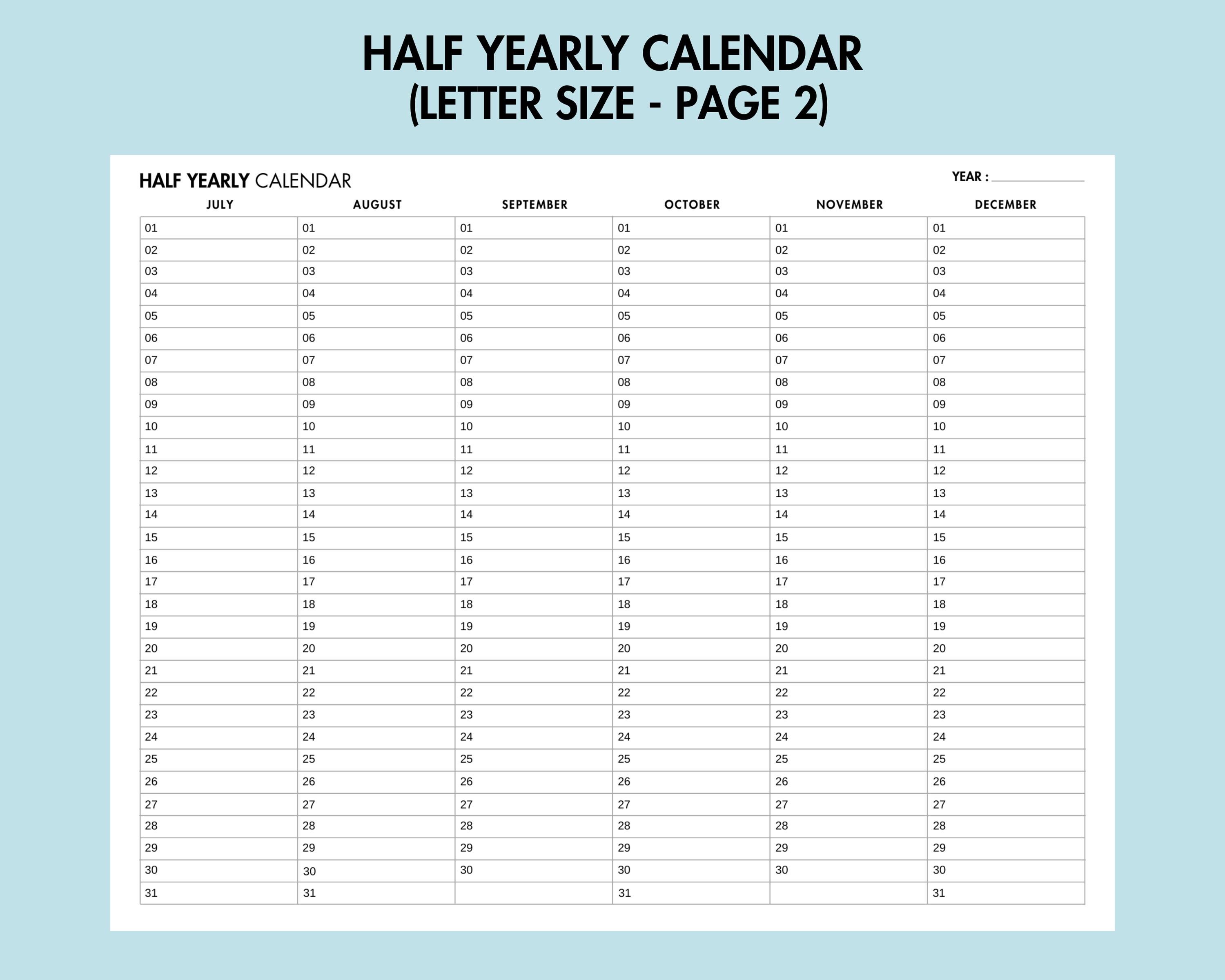 Half Year Calendar Undated Printable Semi Annual Schedule Organizer PDF ...