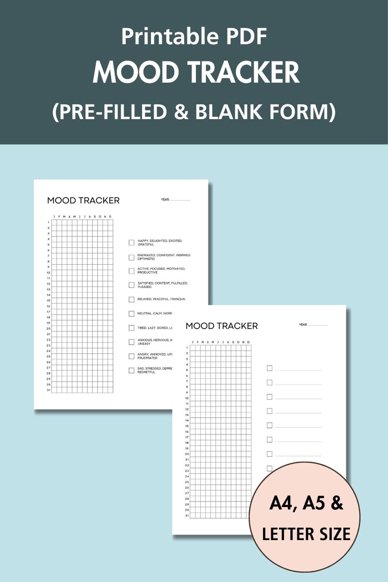 Mood Tracker Printable Daily Yearly Mood Journal, Mental Health ...