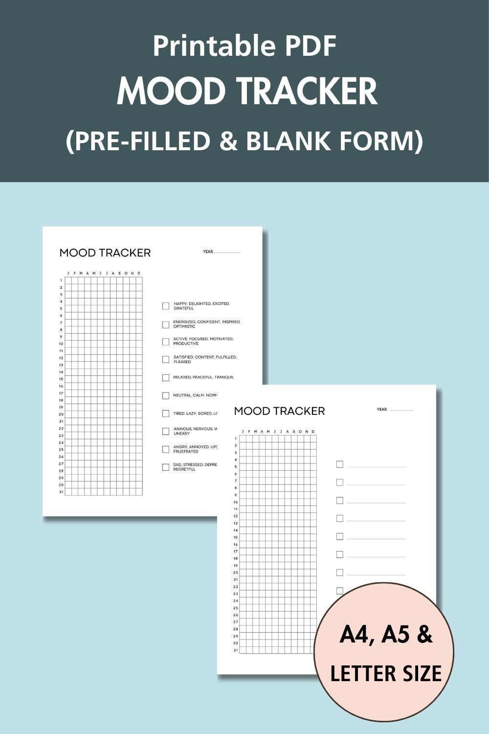 Mood Tracker Printable Daily Yearly Mood Journal, Mental Health ...