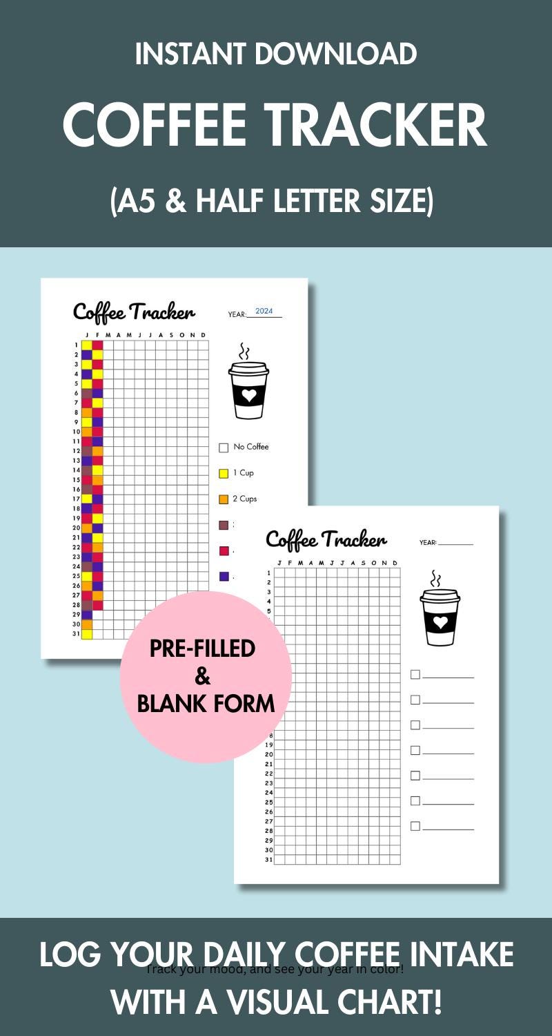 Coffee Tracker Printable Caffeine Log Year in Pixel Daily Yearly Health ...