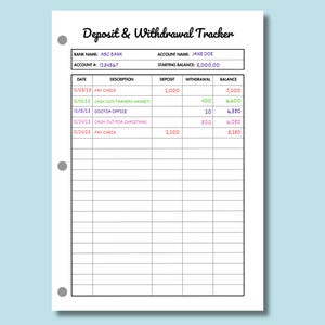 Deposit & Withdrawal Tracker Printable Bank Account Ledger PDF ...