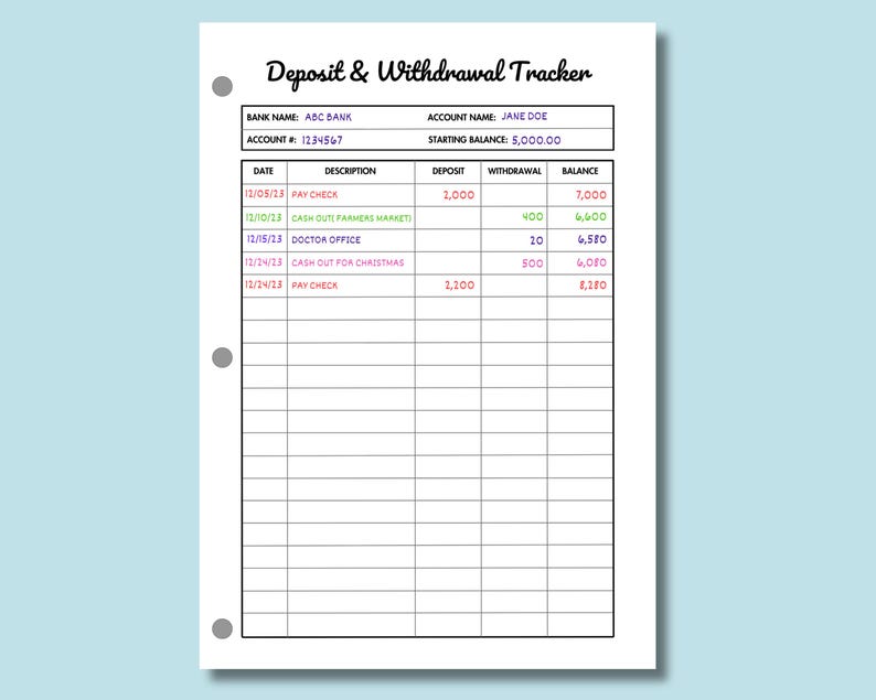 Deposit & Withdrawal Tracker Printable Bank Account Ledger PDF ...