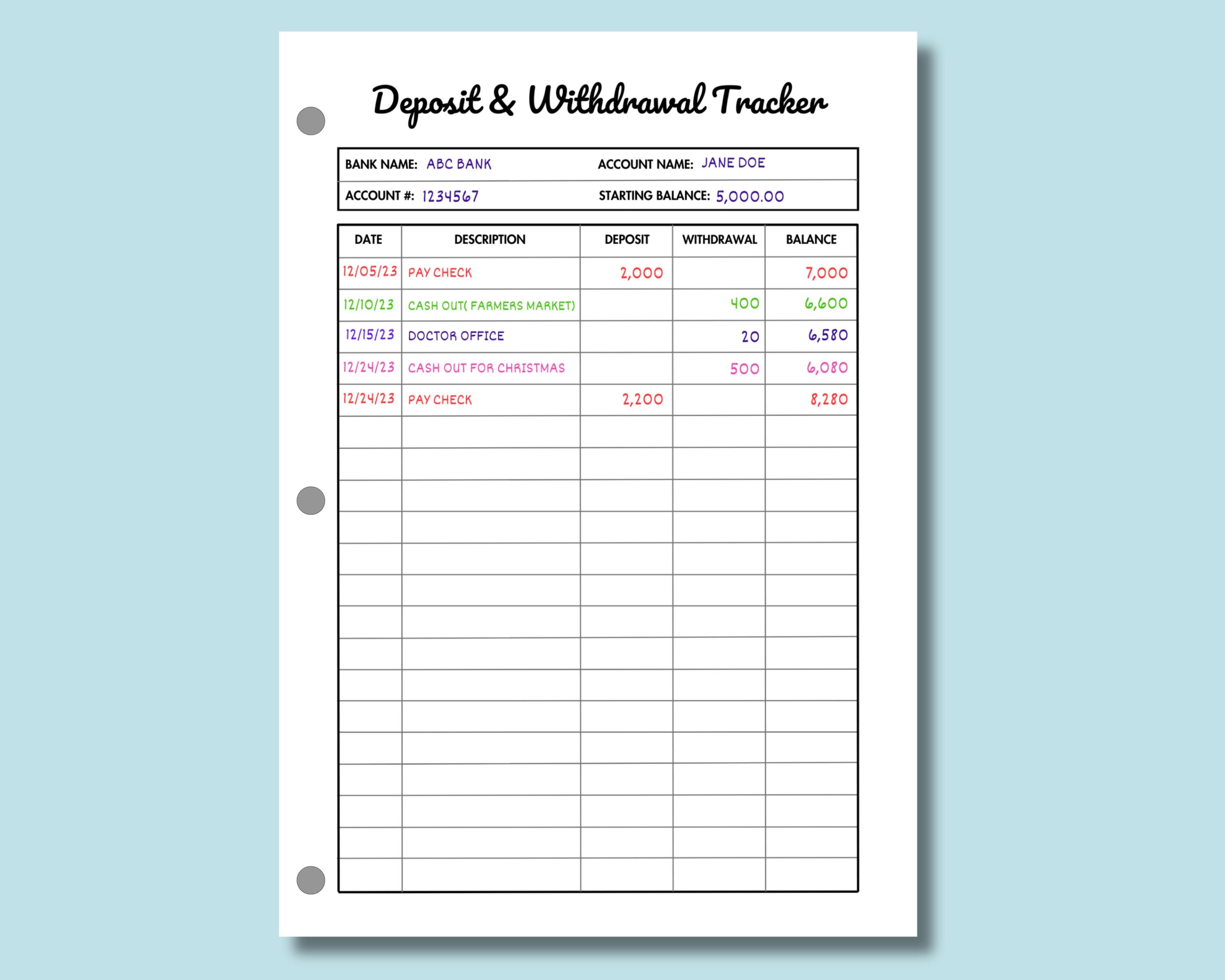 Deposit & Withdrawal Tracker Printable Bank Account Ledger PDF ...