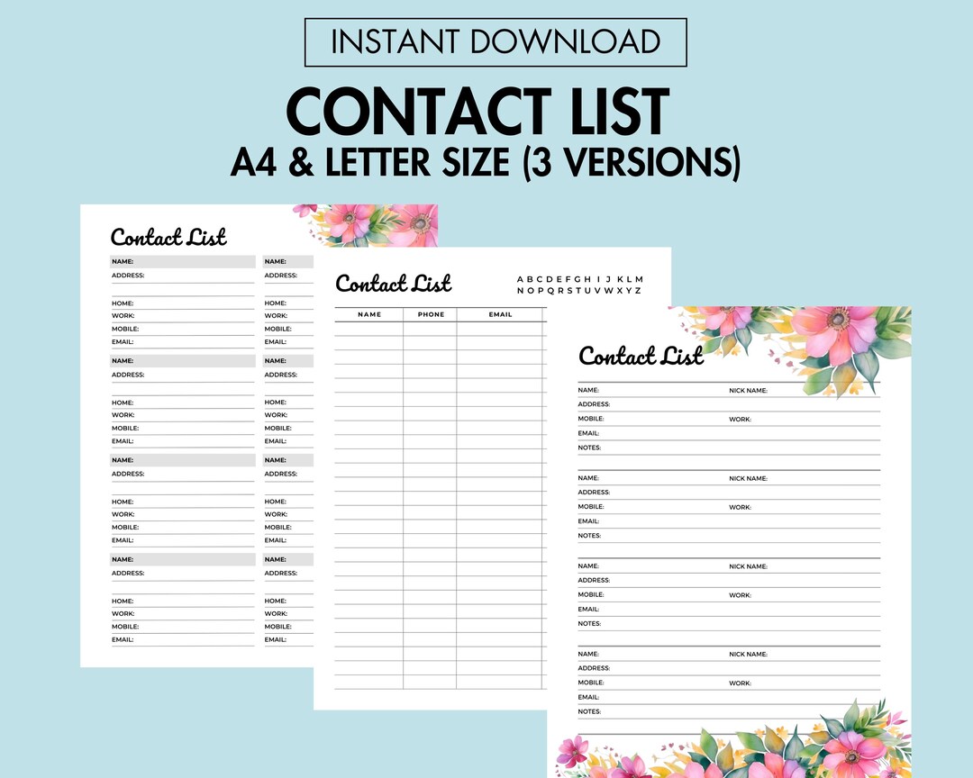 Contact List Printable Address Book PDF Phone Number Organizer ...