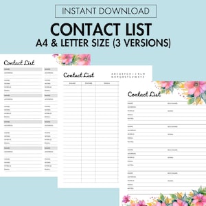 Contact List Printable Address Book PDF Phone Number Organizer ...