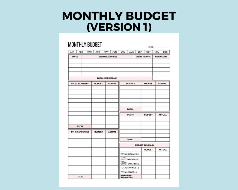 Monthly Budget Planner Printable Finance Planner Digital Download ...