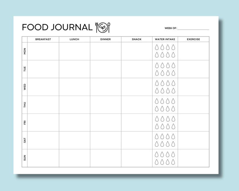 Weekly Food Journal Printable Weekly Food Diary, Meal Planner and Water ...