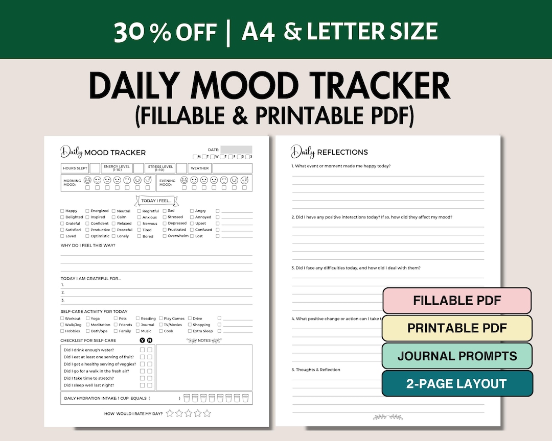 Daily Mood Tracker With Journal Prompts Fillable and Printable Self ...