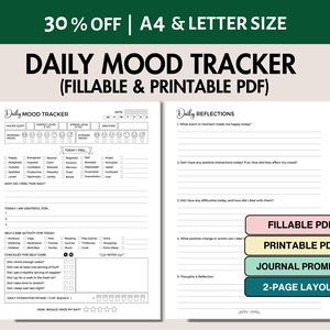 Daily Mood Tracker With Journal Prompts Fillable and Printable Self ...