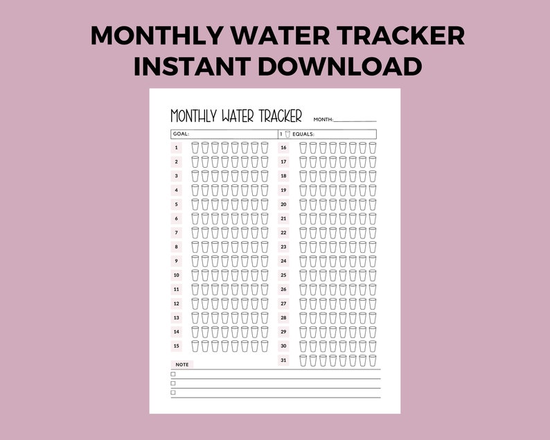 Water Tracker Printable Instant Download Monthly Water Log - Etsy