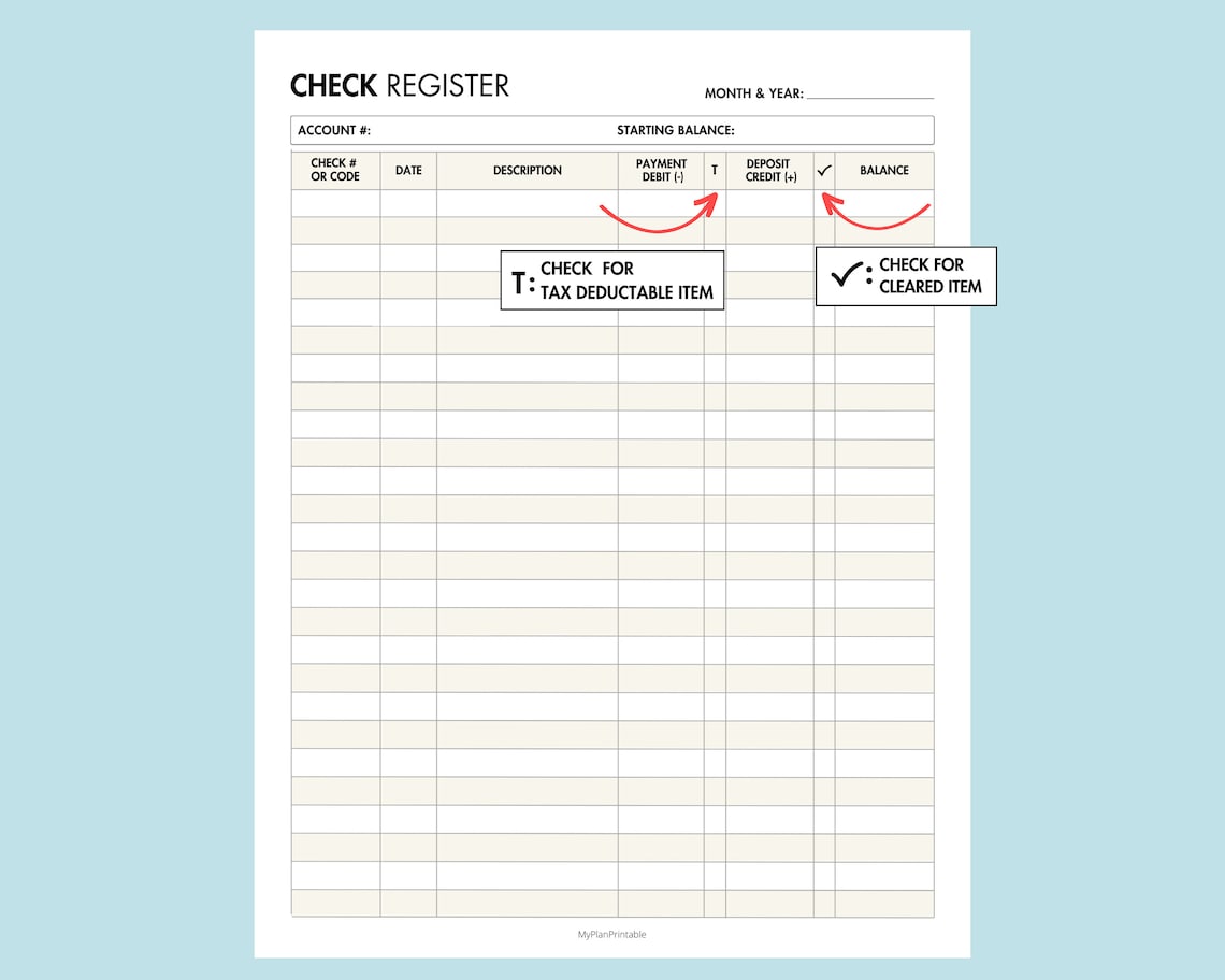 Checkbook Register Printable, Bank Account Tracker for Personal Finance ...