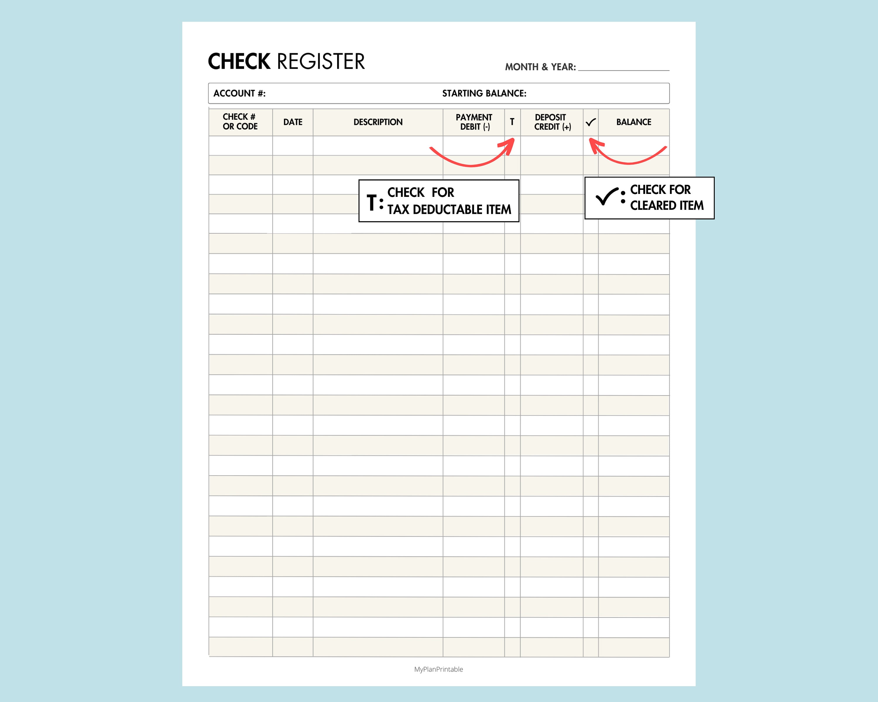 Checkbook Register Printable Bank Account Tracker for Personal Finance ...