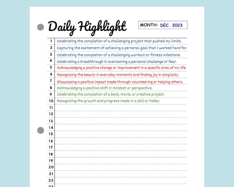 Daily Highlight PDF Printable Highlight of the Day PDF Gratitude ...
