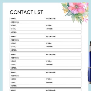 Contact List Organizer Printable Address Book Page PDF Phone Number ...