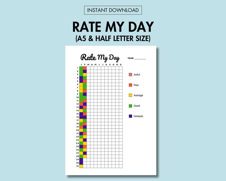 Rate My Day Tracker Printable Daily Rating Tracker Year in Pixels ...
