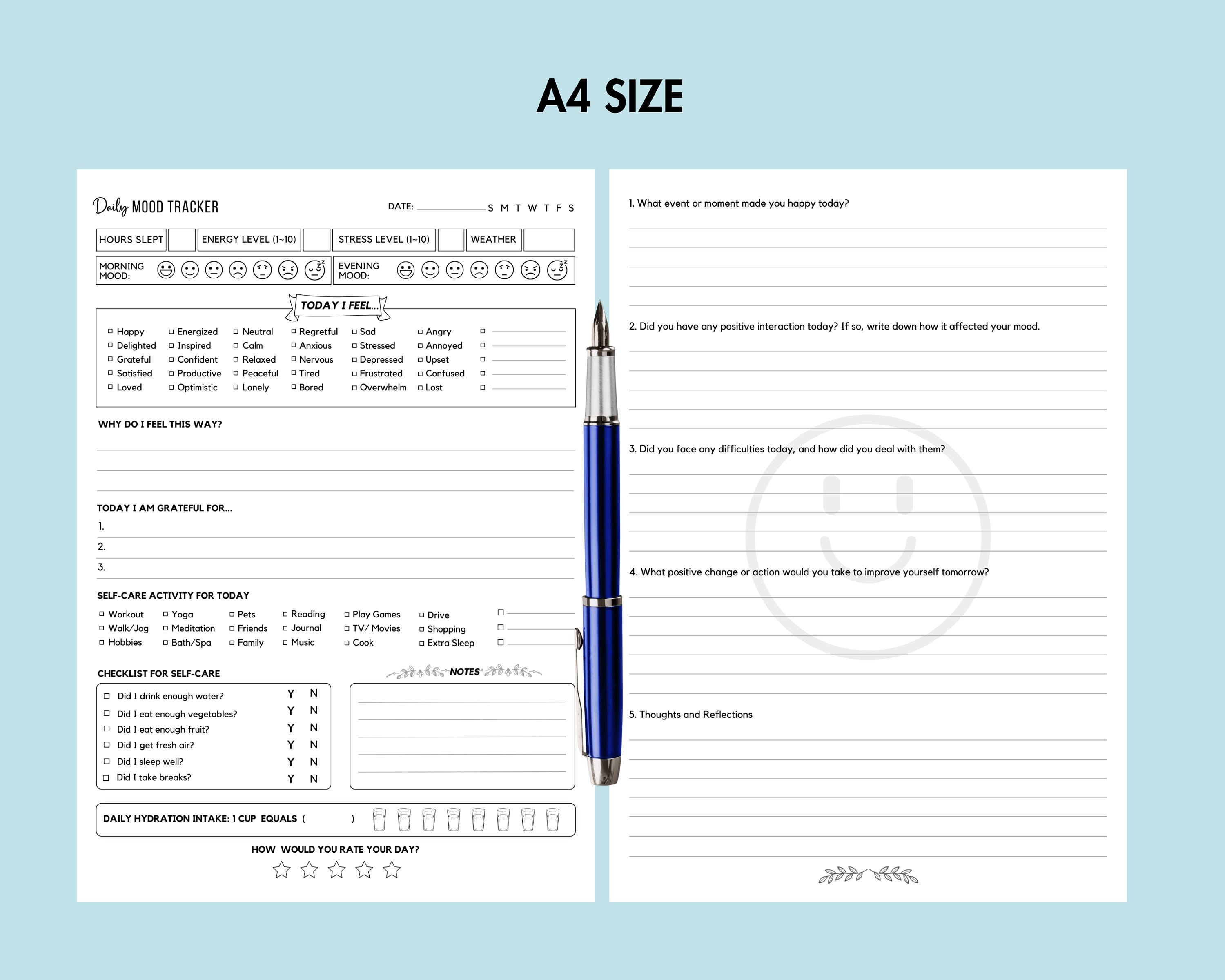 Daily Mood Tracker Journal Printable Self Care Planner Checklist PDF ...