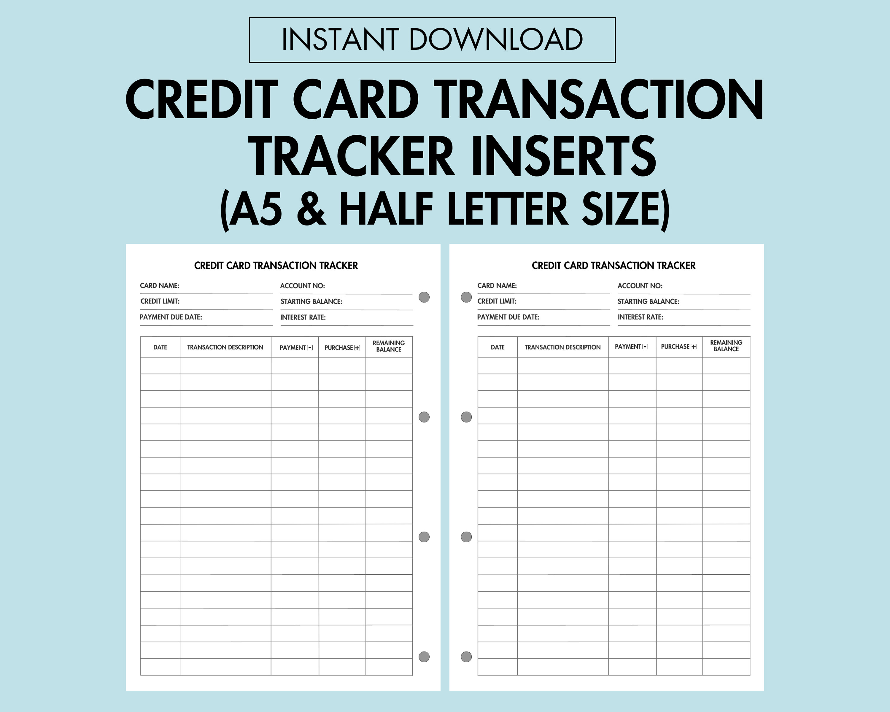 Credit Card Transaction Tracker Printable Inserts Credit Card - Etsy